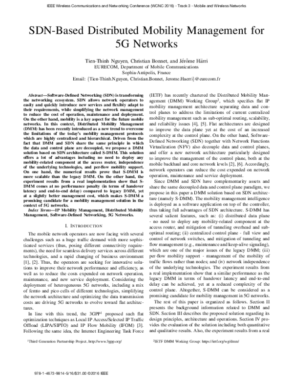 (PDF) SDN-based distributed mobility management for 5G networks