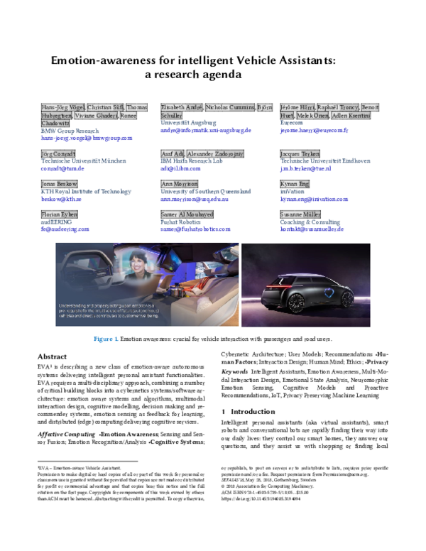 (PDF) Emotion-awareness for intelligent vehicle assistants