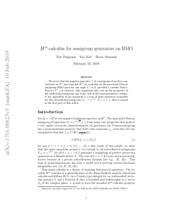 (PDF) H∞-calculus for semigroup generators on BMO