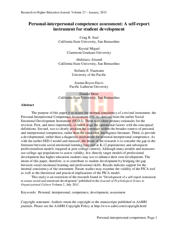 (PDF) Personal-Interpersonal Competence Assessment: A Self-Report Instrument for Student Development