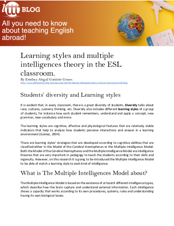 (PDF) Learning styles and multiple intelligences theory in the ESL ...