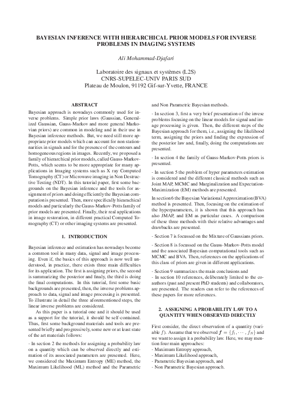Pdf Bayesian Inference With Hierarchical Prior Models For Inverse