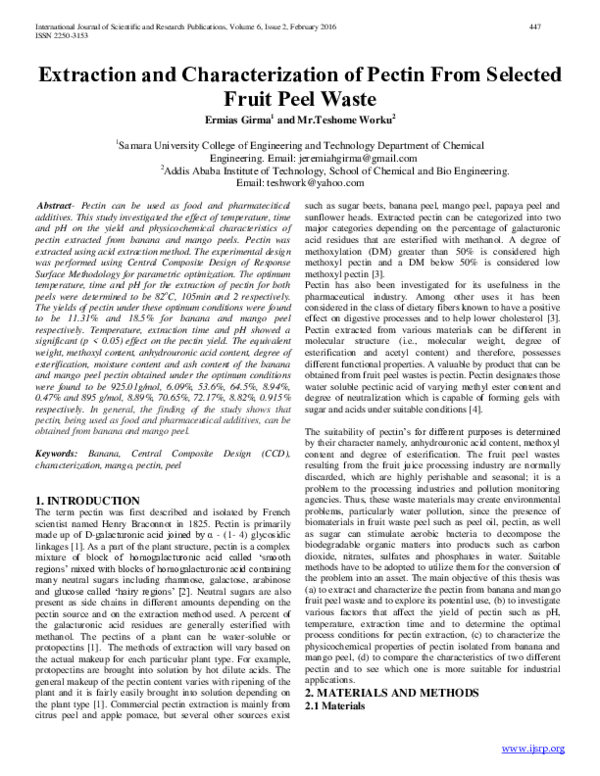 (PDF) Extraction and Characterization of Pectin From Selected Fruit ...