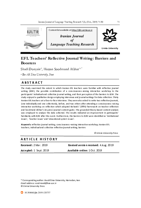 (PDF) EFL Teachers’ Reflective Journal Writing: Barriers and Boosters