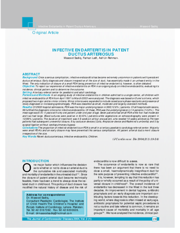 (PDF) Infective Endarteritis in Patent Ductus Arteriosus