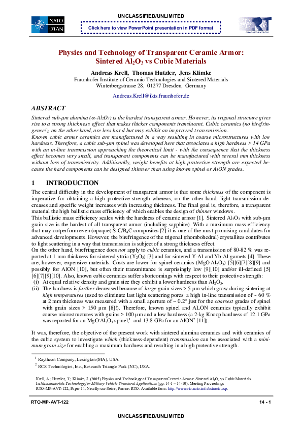 (PDF) Physics and Technology of Transparent Ceramic Armor : Sintered Al ...