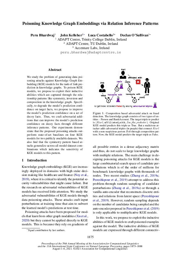 Pdf Poisoning Knowledge Graph Embeddings Via Relation Inference Patterns Peru Bhardwaj