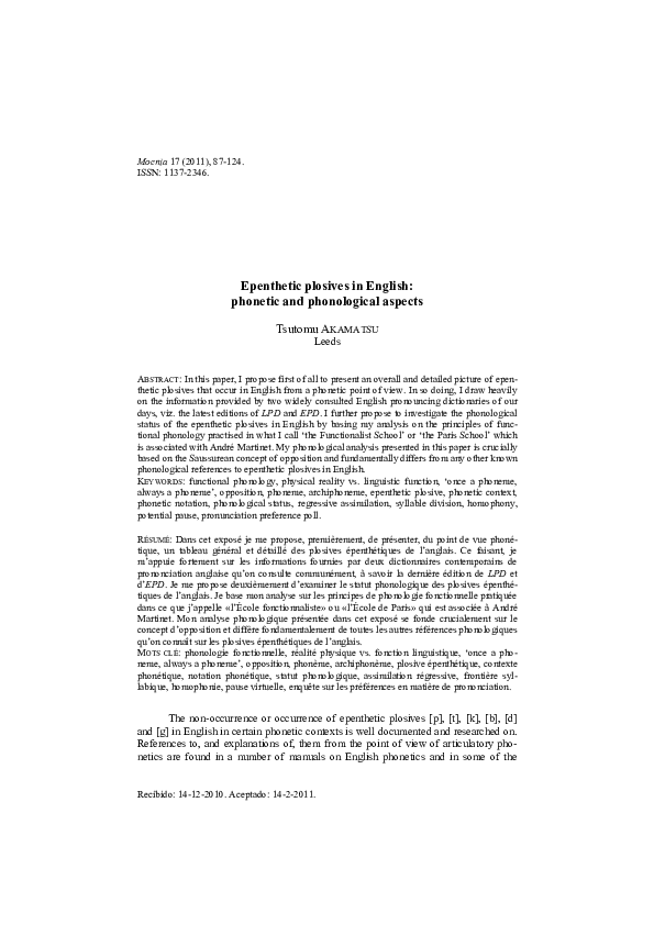 (PDF) Epenthetic plosives in English: phonetic and phonological aspects