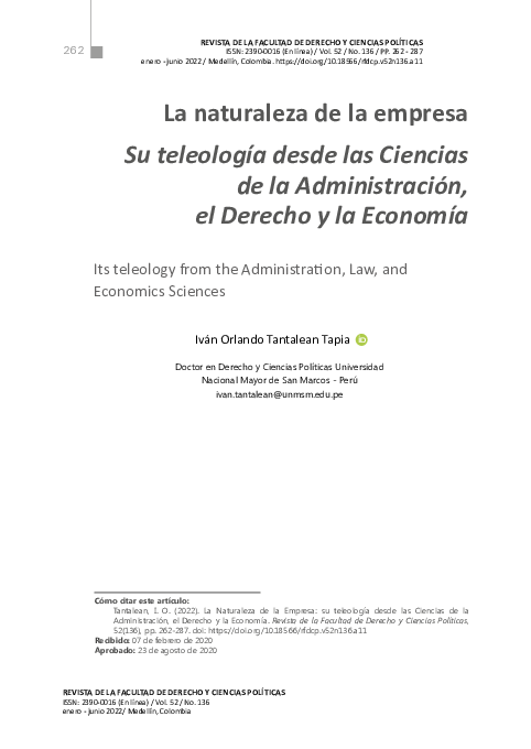 (PDF) La naturaleza de la empresa Su teleología desde las Ciencias de la Administración, el ...
