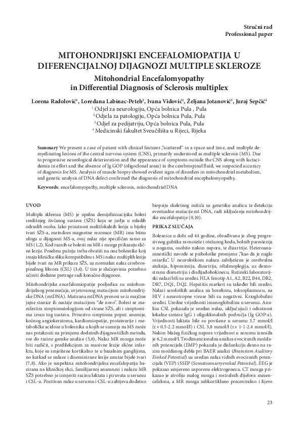 (PDF) Mitohondrial Encefalomyopathy in Differential Diagnosis of Sclerosis multiplex