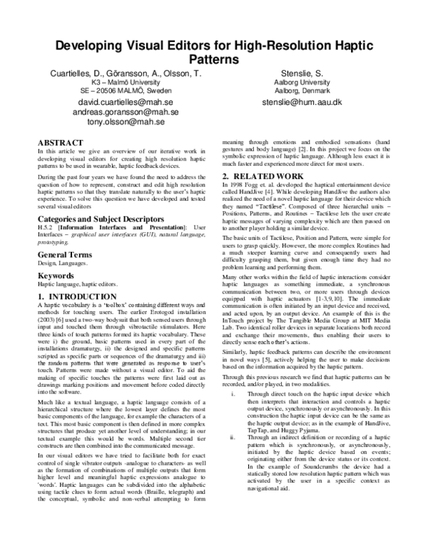 (PDF) Developing Visual Editors for High-Resolution Haptic Patterns | Stahl Stenslie - Academia.edu