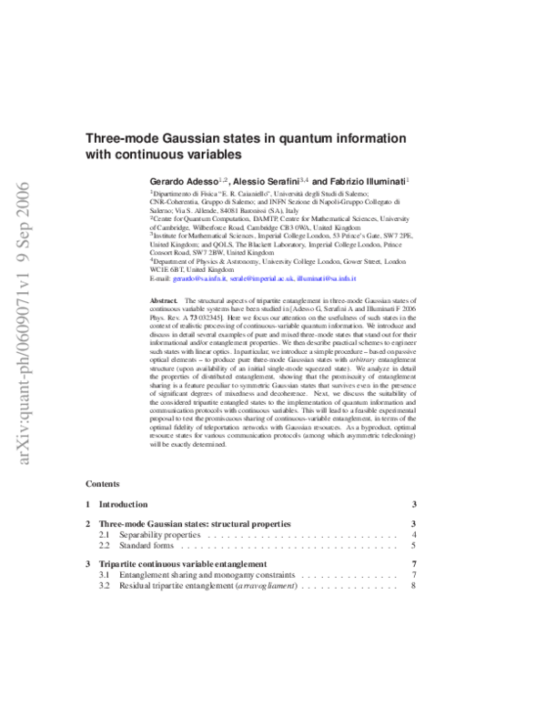 Pdf Three Mode Gaussian States In Quantum Information With Continuous