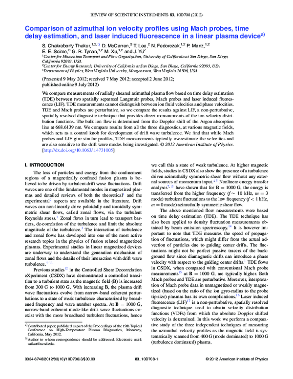 (PDF) Comparison of azimuthal ion velocity profiles using Mach probes ...