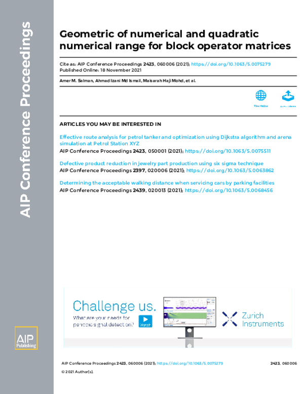 Pdf Geometric Of Numerical And Quadratic Numerical Range For Block Operator Matrices
