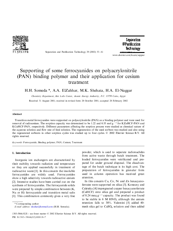 (PDF) Supporting of some ferrocyanides on polyacrylonitrile (PAN) binding polymer and their ...