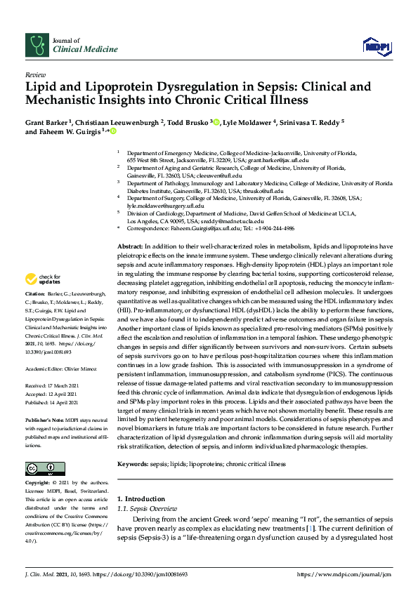 (PDF) Lipid and Lipoprotein Dysregulation in Sepsis: Clinical and ...