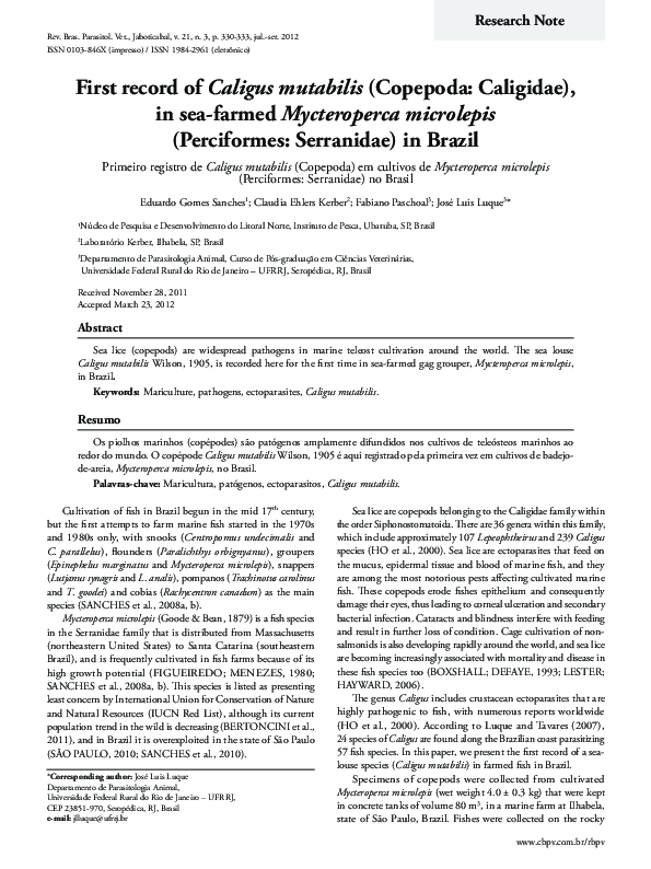 (PDF) First record of Caligus mutabilis (Copepoda: Caligidae), in sea ...
