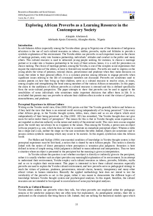 (PDF) Exploring African Proverbs as a Learning Resource in the ...