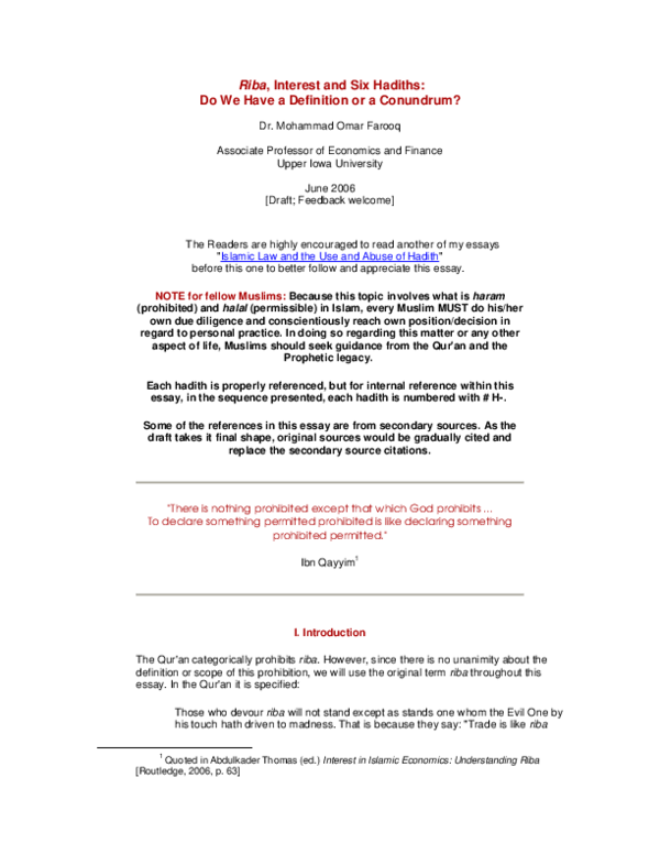 (PDF) Riba, Interest and Six Hadiths: Do We Have a Definition or a ...