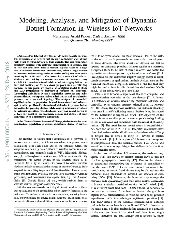 (PDF) Modeling, Analysis, and Mitigation of Dynamic Botnet Formation in Wireless IoT Networks