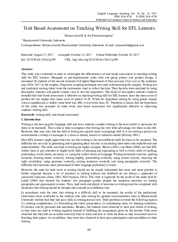 (PDF) Trait Based Assessment on Teaching Writing Skill for EFL Learners