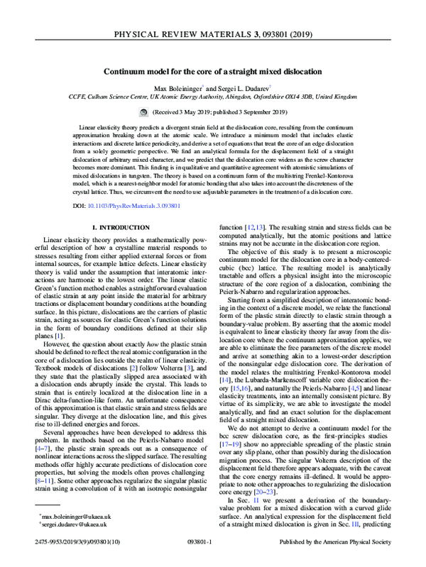 (PDF) Continuum model for the core of a straight mixed dislocation