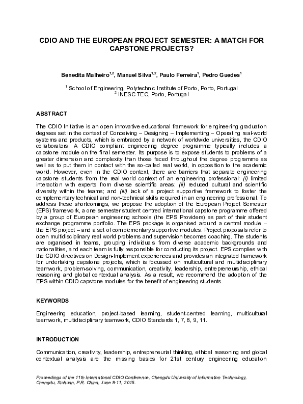 (PDF) CDIO and the European Project Semester: a match for capstone ...