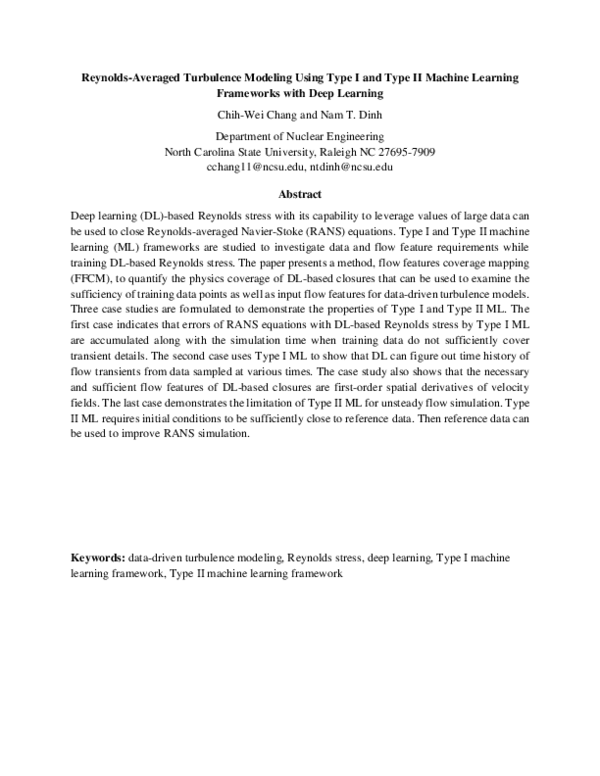 Pdf Reynolds Averaged Turbulence Modeling Using Type I And Type Ii Machine Learning Frameworks