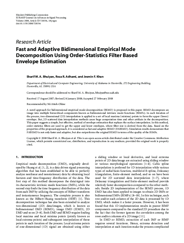 Pdf Fast And Adaptive Bidimensional Empirical Mode Decomposition Using Order Statistics Filter