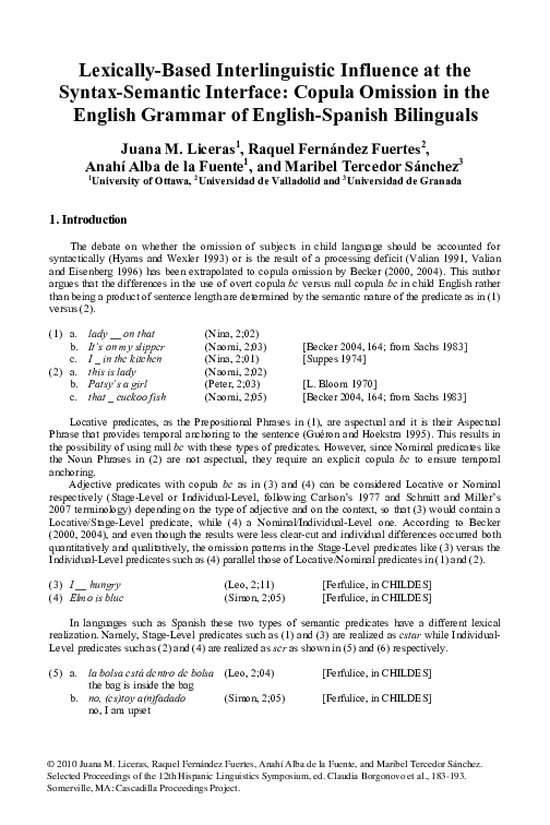 (PDF) Lexically-Based Interlinguistic Influence at the Syntax-Semantic Interface: Copula ...