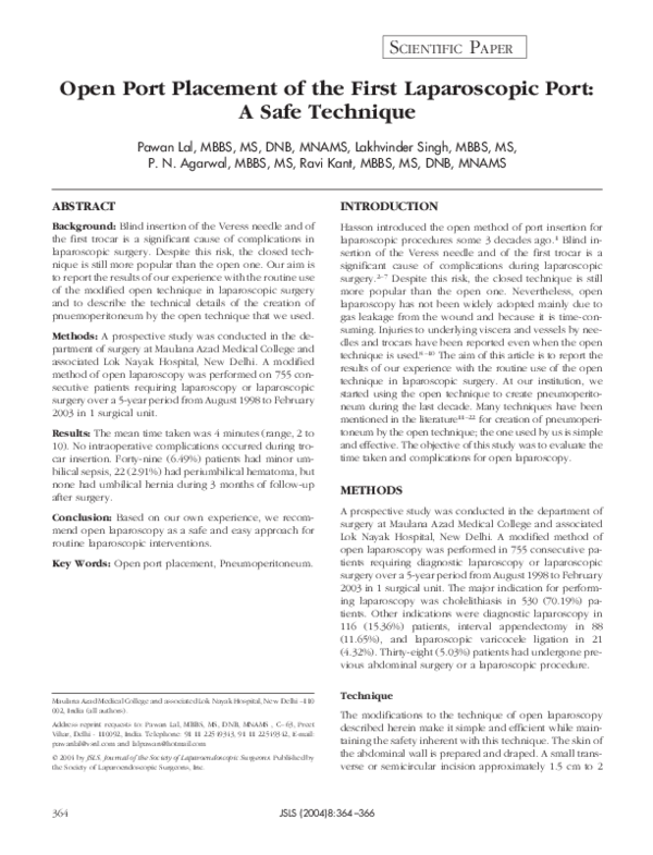 (PDF) Open Port Placement of the First Laparoscopic Port: A Safe Technique