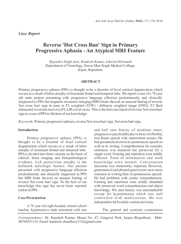(PDF) Reverse 'Hot Cross Bun' Sign in Primary Progressive Aphasia - An ...
