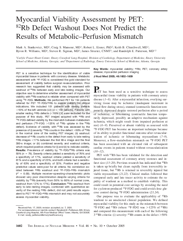 (PDF) 82Rb Washout vs 18F-FDG for Myocardial Viability