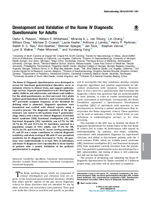 (PDF) Rome IV Diagnostic Questionnaires and Tables for Investigators and Clinicians