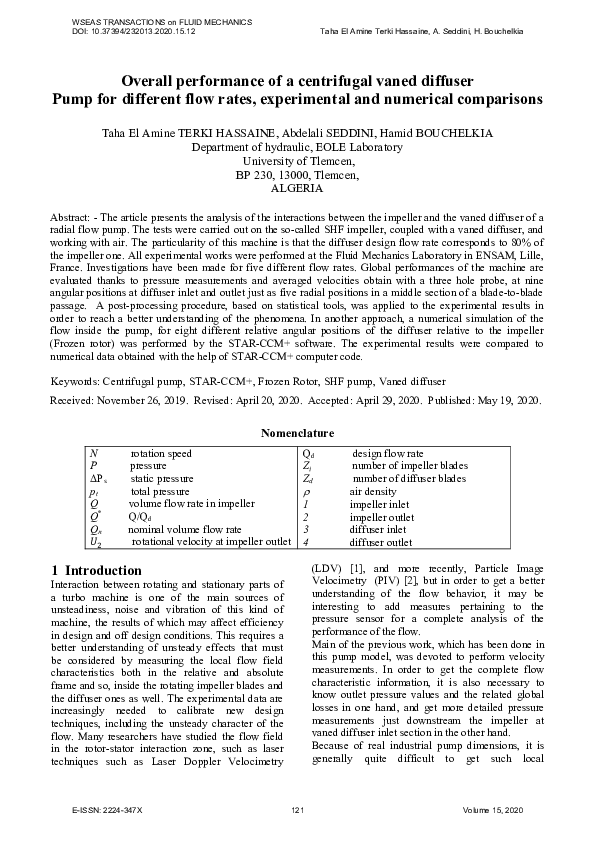 (PDF) Overall Performance of a Centrifugal Vaned Diffuser Pump for ...