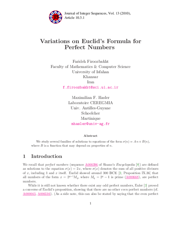 (PDF) Variations on Euclid's Formula for Perfect Numbers
