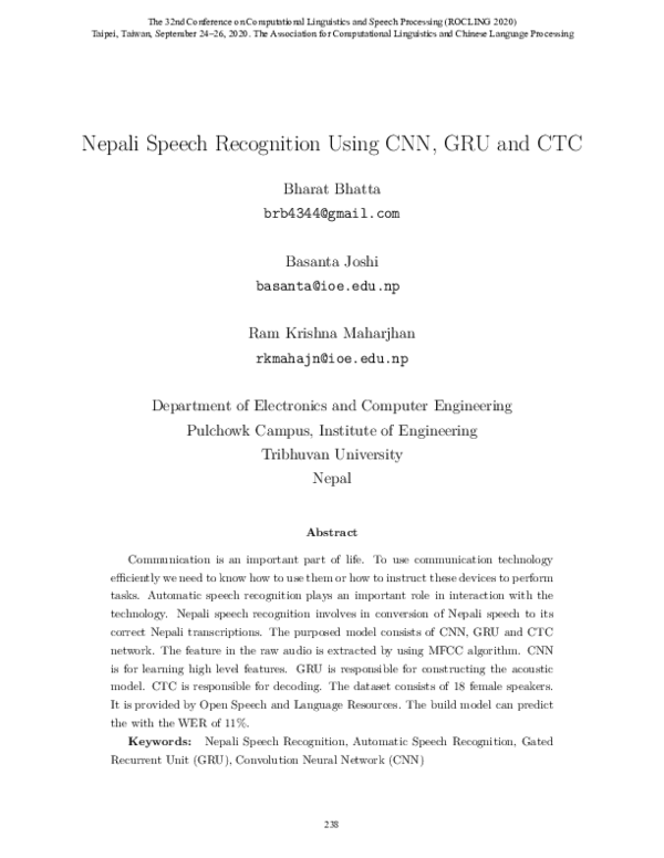 Pdf Nepali Speech Recognition Using Cnn Gru And Ctc