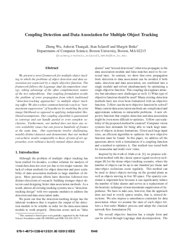 (PDF) Coupling detection and data association for multiple object tracking | Stan Sclaroff ...