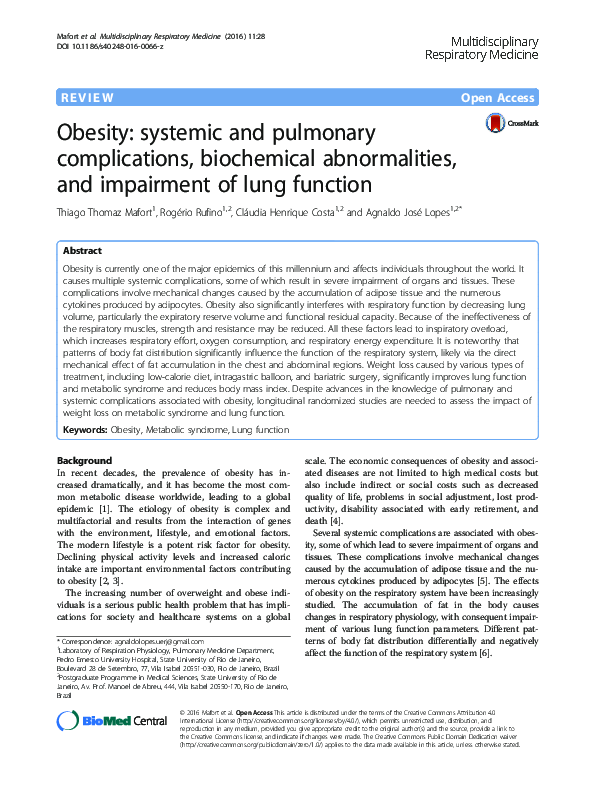 (PDF) Obesity: systemic and pulmonary complications, biochemical ...