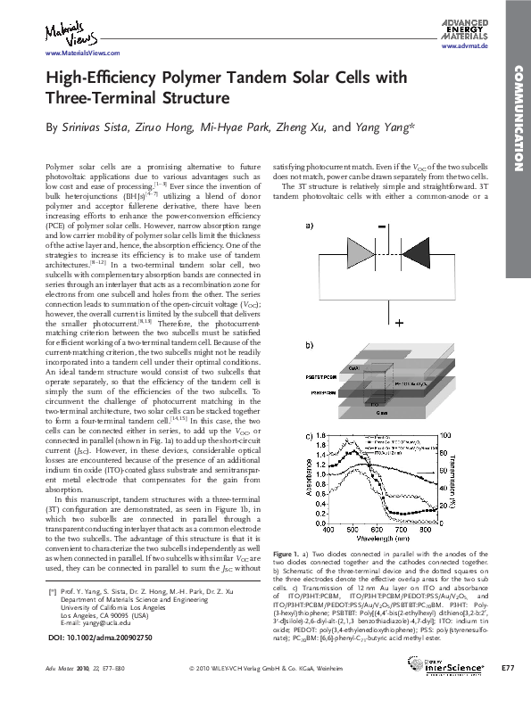 (PDF) High-Efficiency Polymer Tandem Solar Cells with Three-Terminal ...