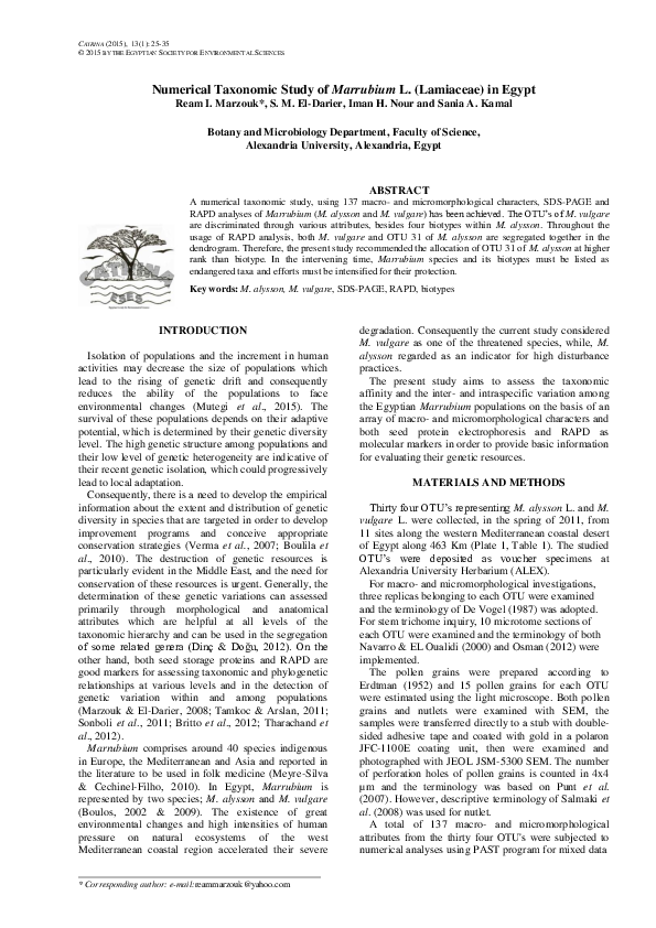 (PDF) Numerical Taxonomic Study of Marrubium L. (Lamiaceae) in Egypt ...