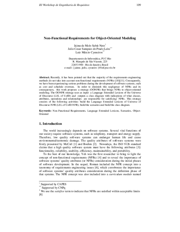 (PDF) Non-functional requirements for object-oriented modeling