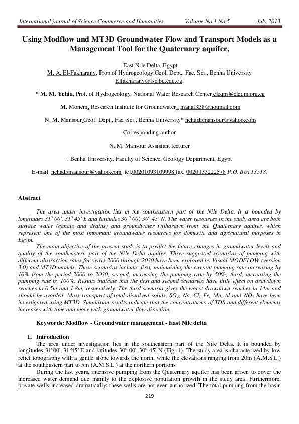 (PDF) Using Modflow and MT3D Groundwater Flow and Transport Models as a Management Tool forthe ...