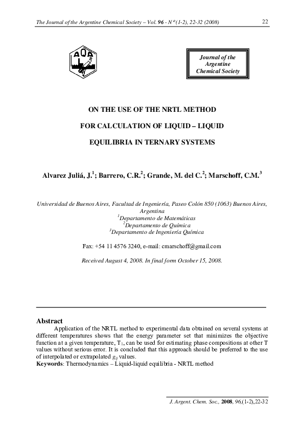 (PDF) On the use of the NRTL method for calculation of liquid-liquid ...