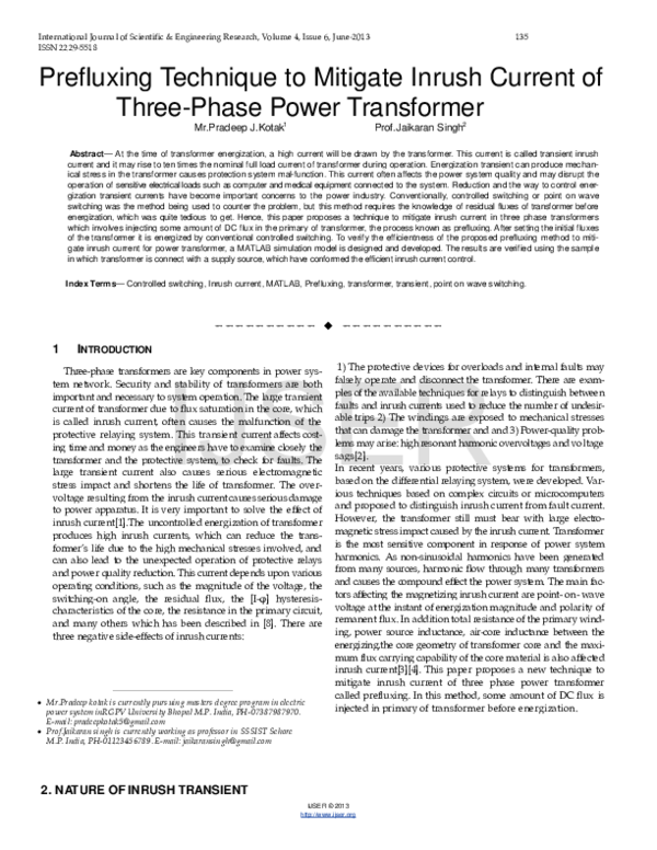 (PDF) Prefluxing technique to mitigate inrush current of three-phase power transformer