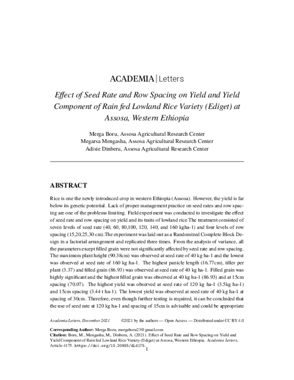 Pdf Effect Of Seed Rate And Row Spacing On Yield And Yield Component