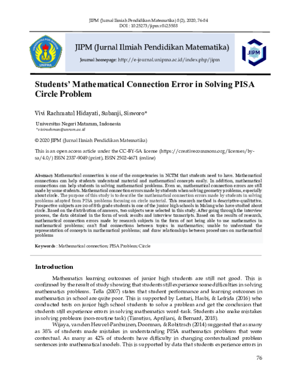(PDF) Students’ Mathematical Connection Error in Solving PISA Circle ...