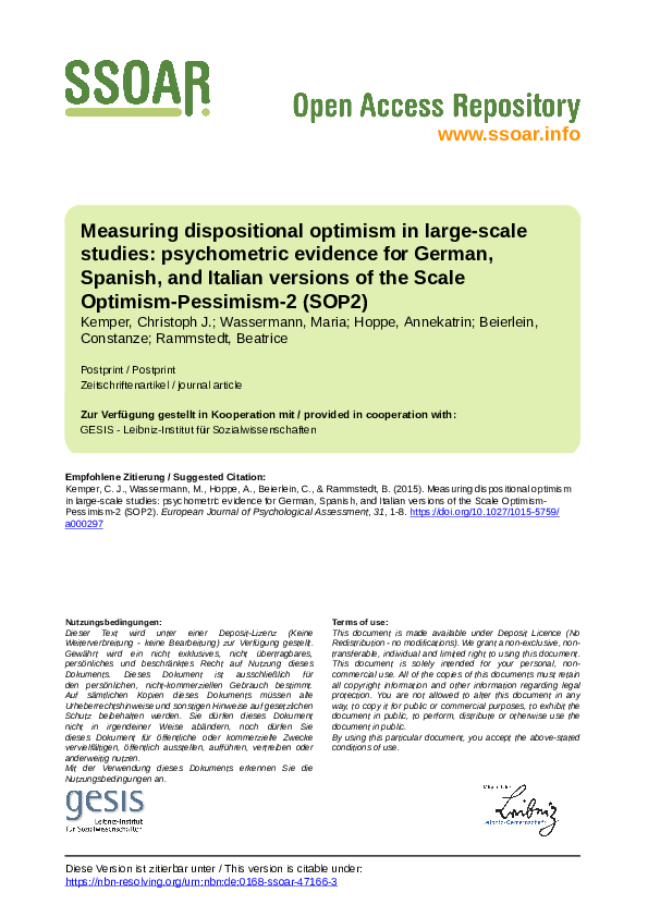 Pdf Measuring Dispositional Optimism In Large Scale Studies