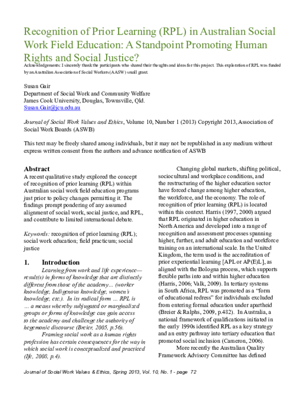 (PDF) Recognition of prior learning (RPL) in Australian Social Work Field Education: a ...