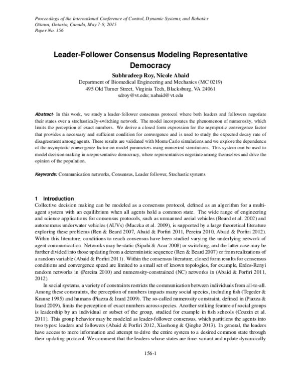 (PDF) Leader-Follower Consensus Modeling Representative Democracy